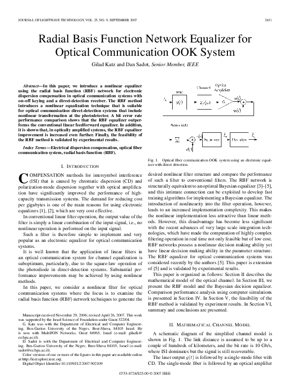 (PDF) Radial Basis Function Network Equalizer for Optical Communication OOK System