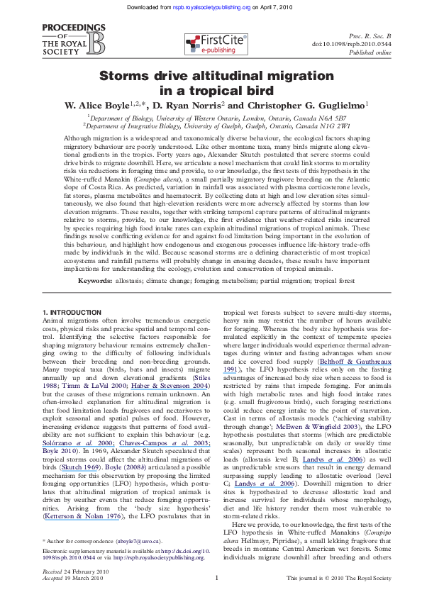 (PDF) Storms drive altitudinal migration in a tropical bird
