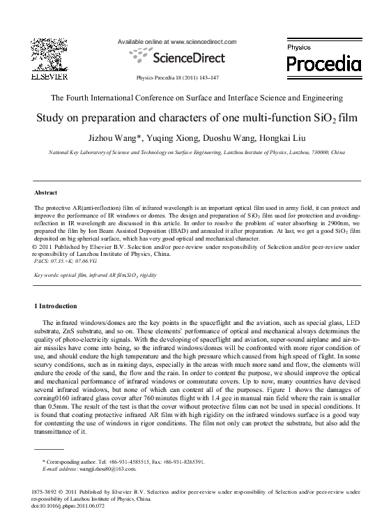 (PDF) Study on preparation and characters of one multi-function SiO2 film