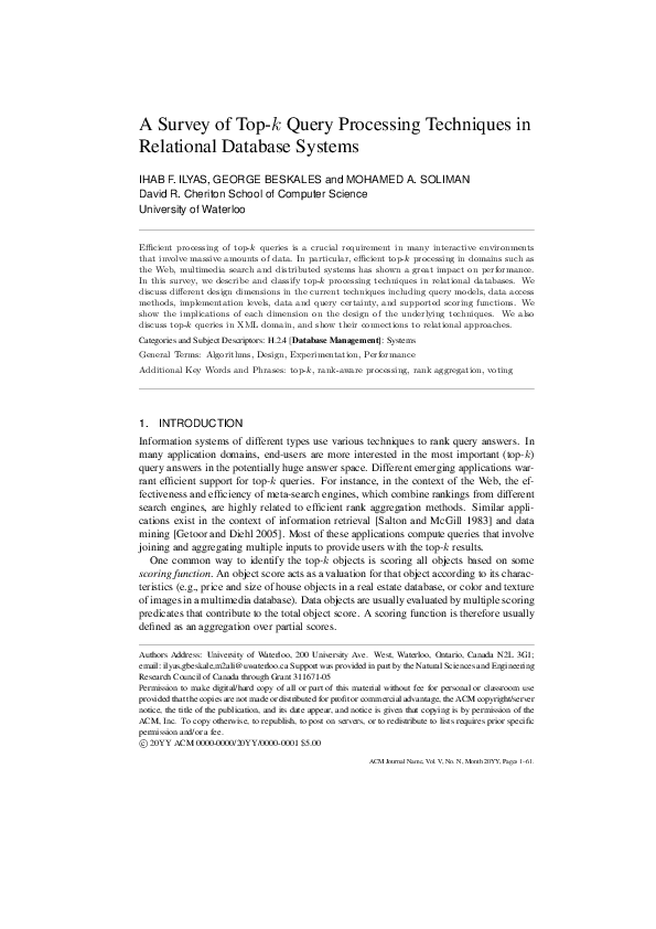 Pdf A Survey Of Top K Query Processing Techniques In Relational Database Systems