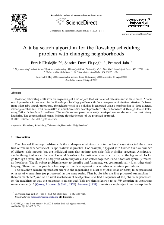 Pdf A Tabu Search Algorithm For The Flowshop Scheduling Problem With