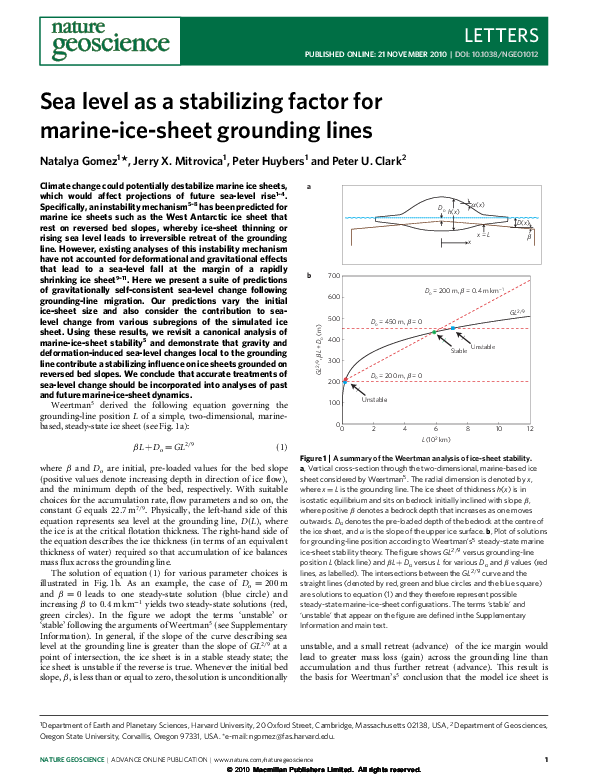 (PDF) Sea level as a stabilizing factor for marine-ice-sheet grounding lines