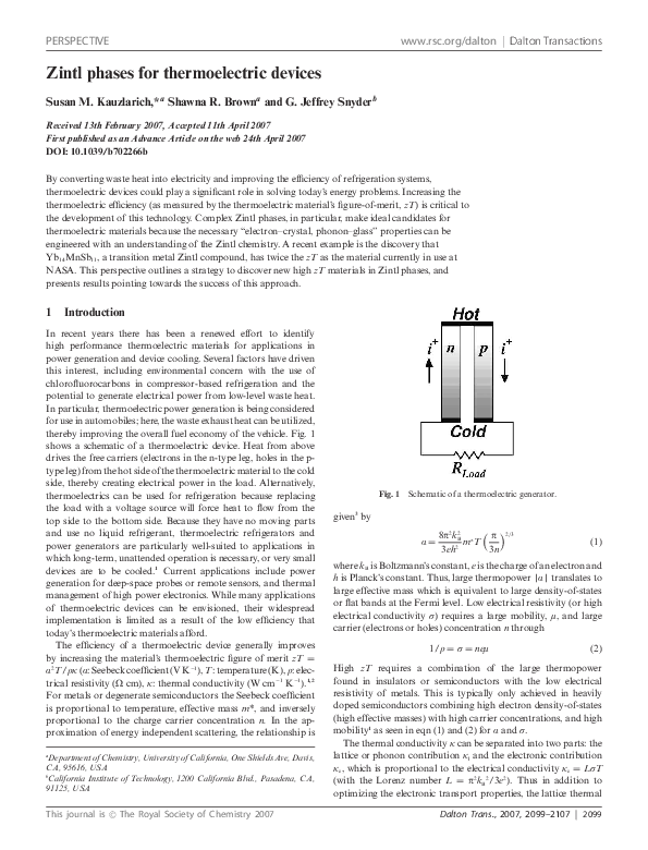 (PDF) Zintl phases for thermoelectric devices