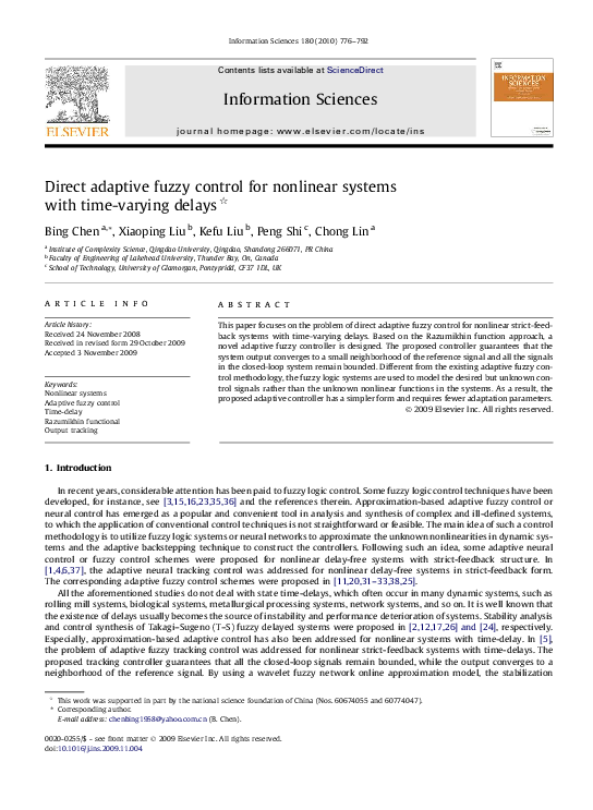 Pdf Direct Adaptive Fuzzy Control For Nonlinear Systems With Time Varying Delays Kefu Liu