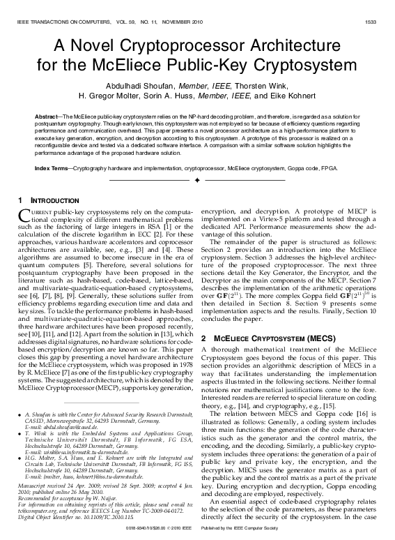 (PDF) A Novel Cryptoprocessor Architecture for the McEliece Public-Key ...