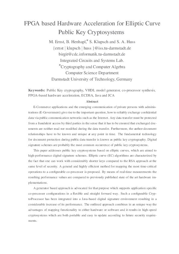 (PDF) FPGA based hardware acceleration for elliptic curve public key ... (PDF) FPGA based hardware acceleration for elliptic curve public key ...