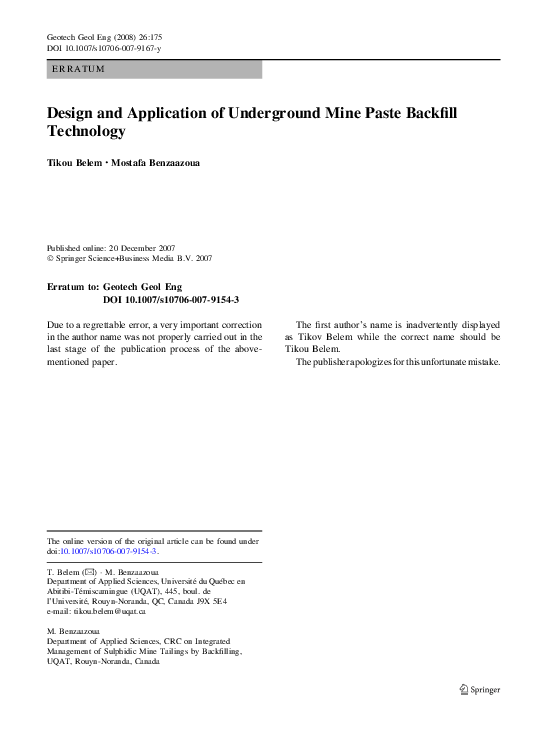 (PDF) Design and Application of Underground Mine Paste Backfill Technology