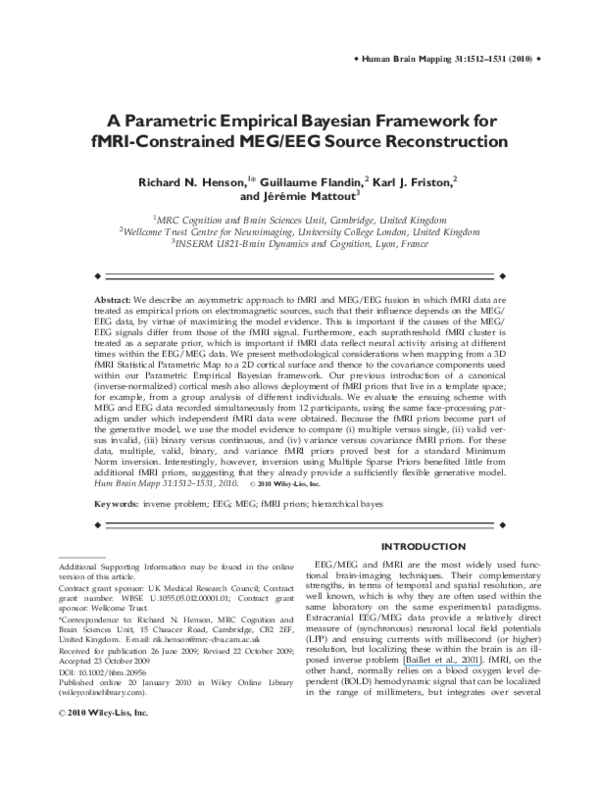 Pdf A Parametric Empirical Bayesian Framework For Fmri Constrained Meg Eeg Source Reconstruction