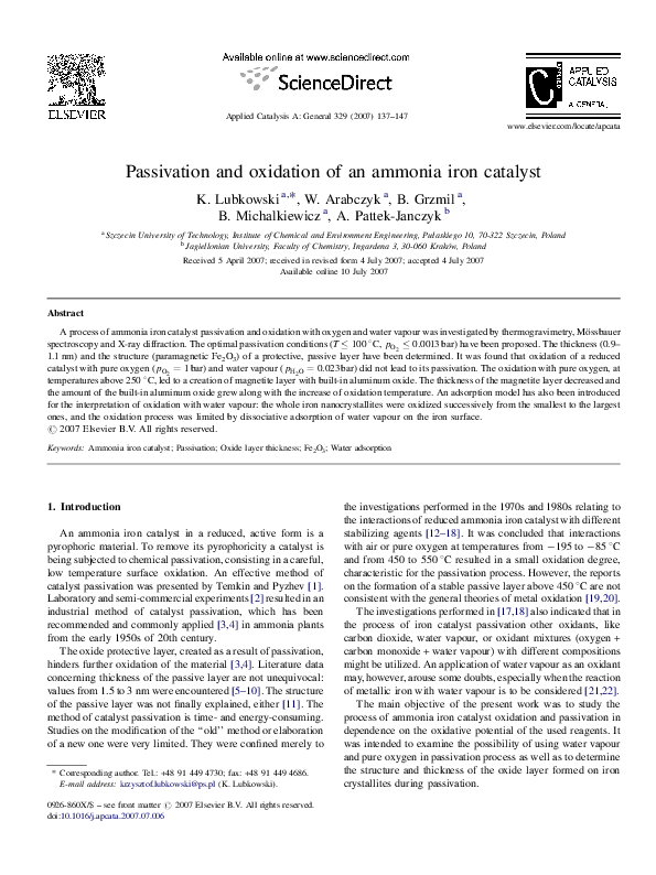 (PDF) Passivation and oxidation of an ammonia iron catalyst