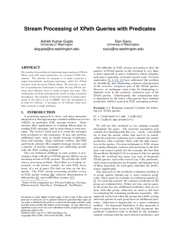 Pdf Stream Processing Of Xpath Queries With Predicates