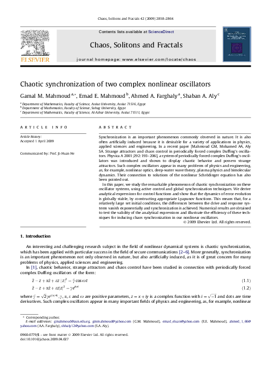 (PDF) Chaotic synchronization of two complex nonlinear oscillators