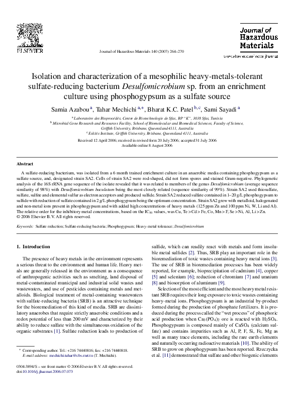Pdf Isolation And Characterization Of A Mesophilic Heavy Metals Tolerant Sulfate Reducing