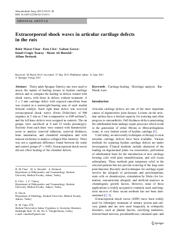 (PDF) Extracorporeal shock waves in articular cartilage defects in the rats