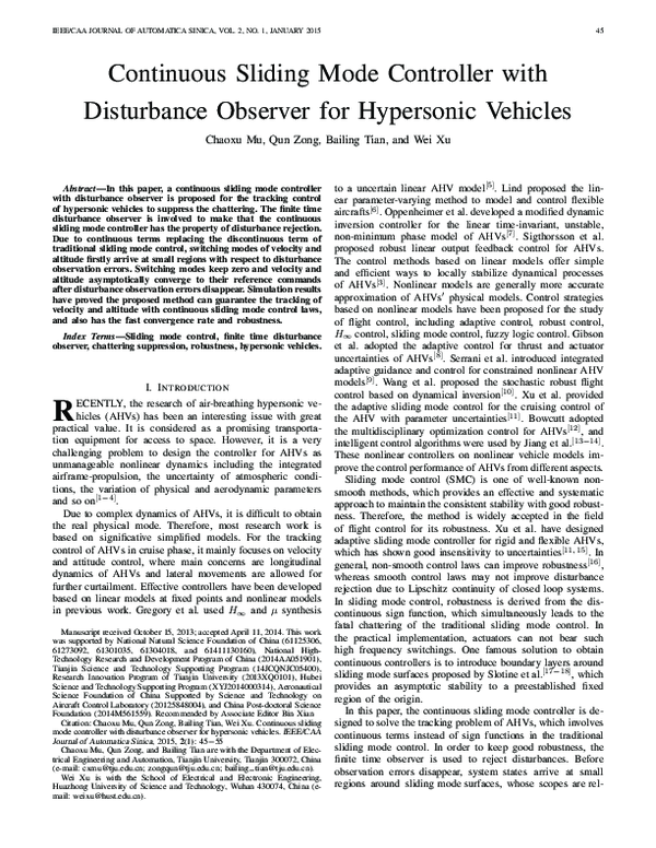 (PDF) Continuous Sliding Mode Controller with Disturbance Observer for Hypersonic Vehicles
