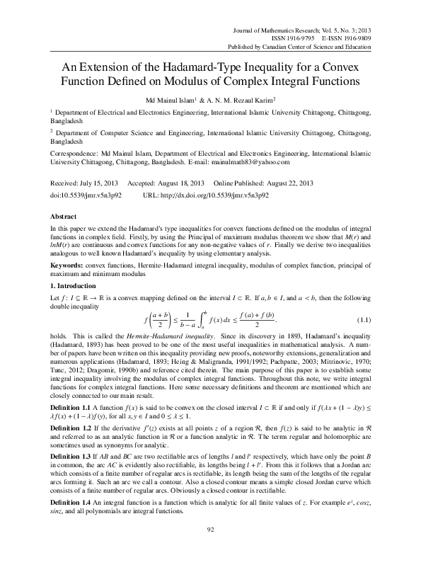 (PDF) An Extention of the Hadamard-Type Inequality for a Convex Function Defined on Modulus of ...