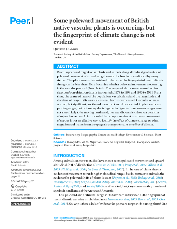 (PDF) Some poleward movement of British native vascular plants is ...