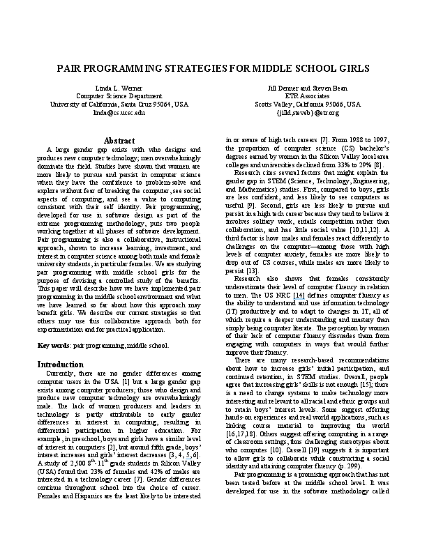 (PDF) Pair Programming Strategies for Middle School Girls