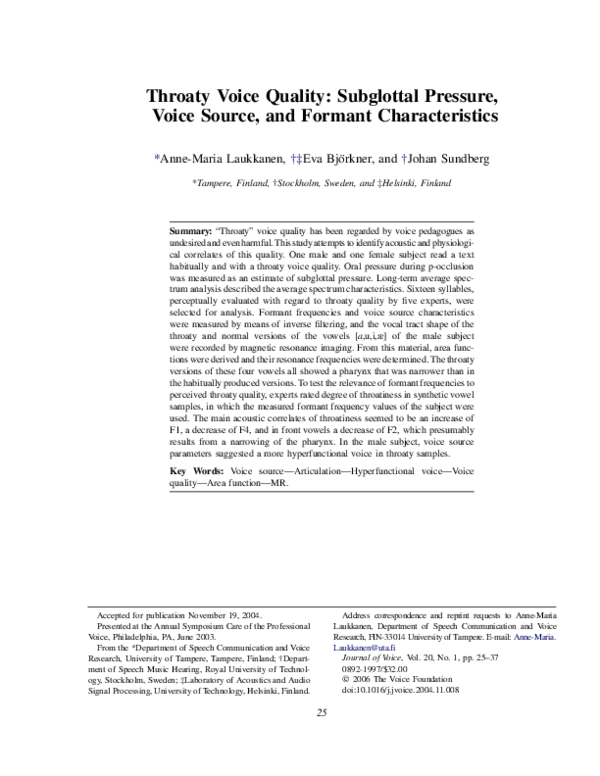 (PDF) Throaty Voice Quality: Subglottal Pressure, Voice Source, and ...