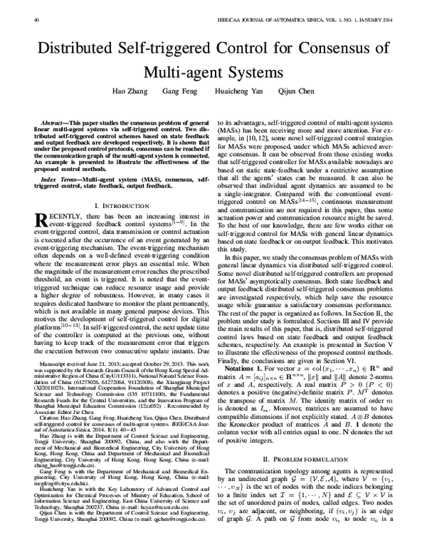 Pdf Distributed Self Triggered Control For Consensus Of Multi Agent Systems