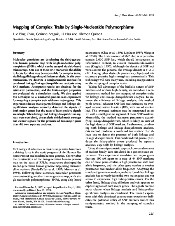 (PDF) Mapping of Complex Traits by Single-Nucleotide Polymorphisms