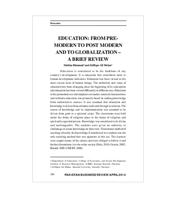 (PDF) FROM PRE- MODERN TO POST MODERN AND TO GLOBALIZATION – A BRIEF REVIEW