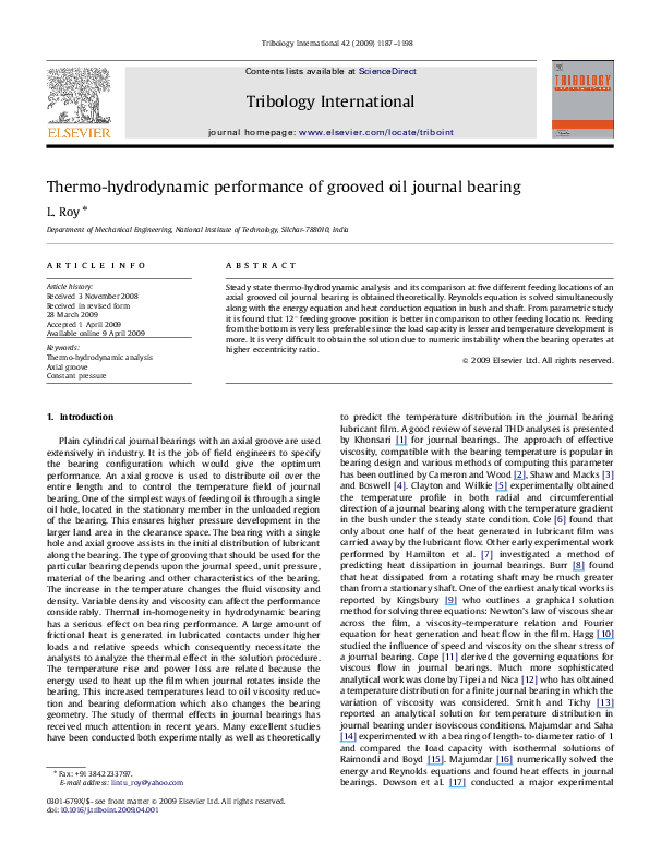 (PDF) Thermo-hydrodynamic performance of grooved oil journal bearing