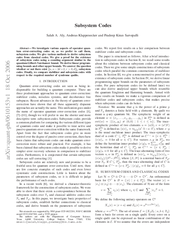 (PDF) Subsystem Codes
