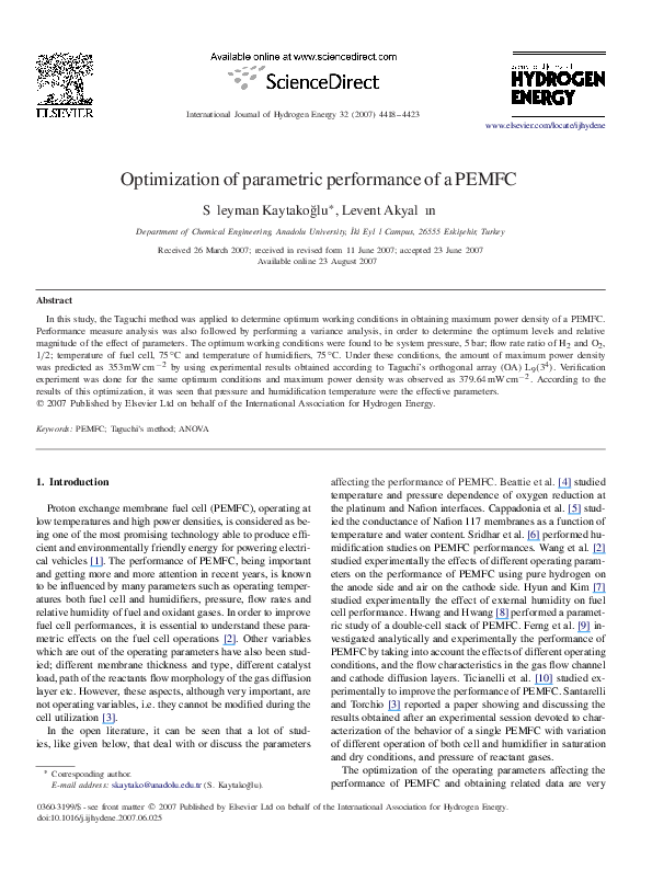(PDF) Optimization of parametric performance of a PEMFC