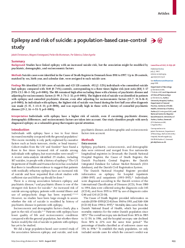 (PDF) Epilepsy and risk of suicide: a population-based case–control study