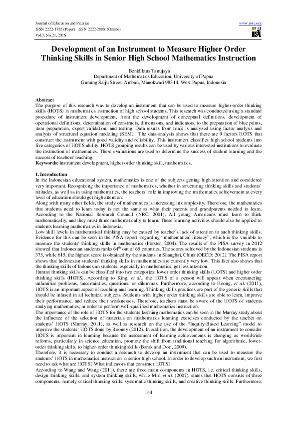 (PDF) Development of an Instrument to Measure Higher Order Thinking ...