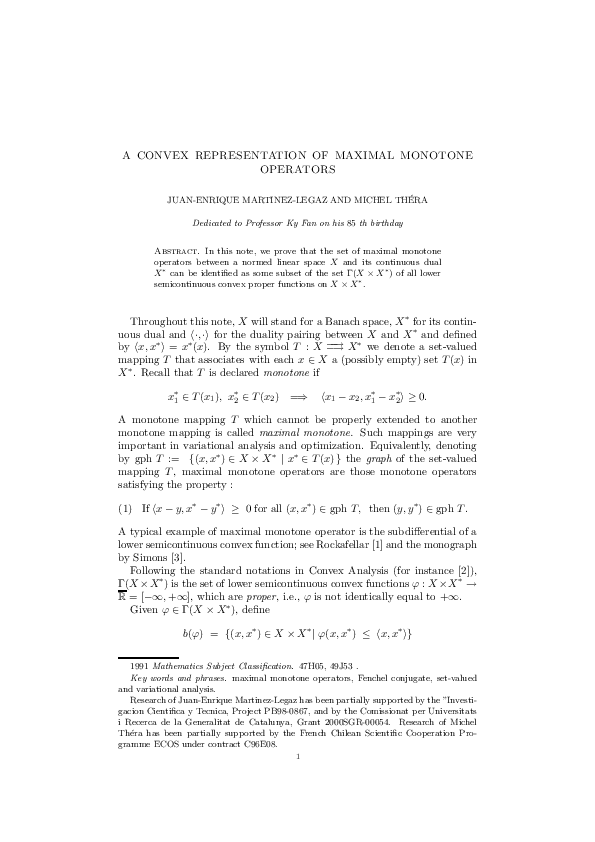 (PDF) A Convex Representation of Maximal Monotone Operators