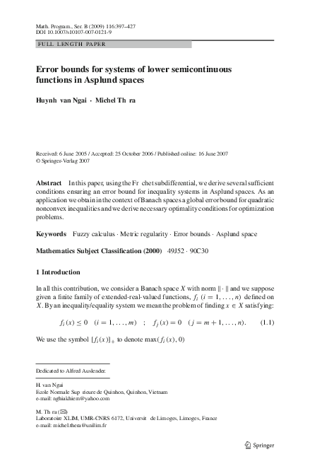 (PDF) Error bounds for systems of lower semicontinuous functions in Asplund spaces