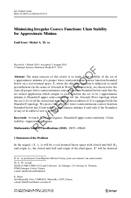 (PDF) Minimizing Irregular Convex Functions: Ulam Stability for Approximate Minima