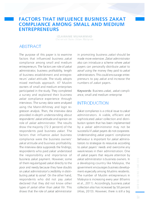 (PDF) FACTORS THAT INFLUENCE BUSINESS ZAKAT COMPLIANCE AMONG SMALL AND MEDIUM ENTREPRENEURS