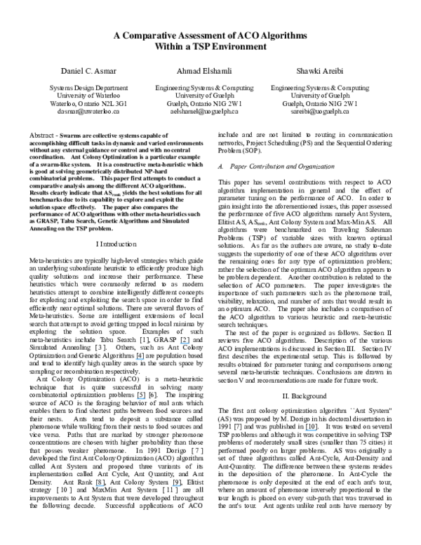 Pdf A Comparative Assessment Of Aco Algorithms Within A Tsp Environment 6924