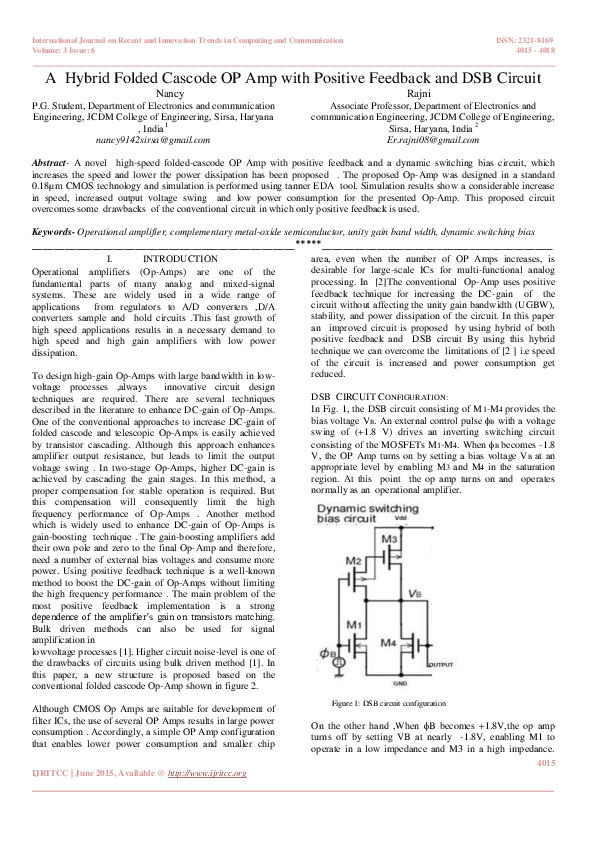 (PDF) A Hybrid Folded Cascode OP Amp with Positive Feedback and DSB Circuit