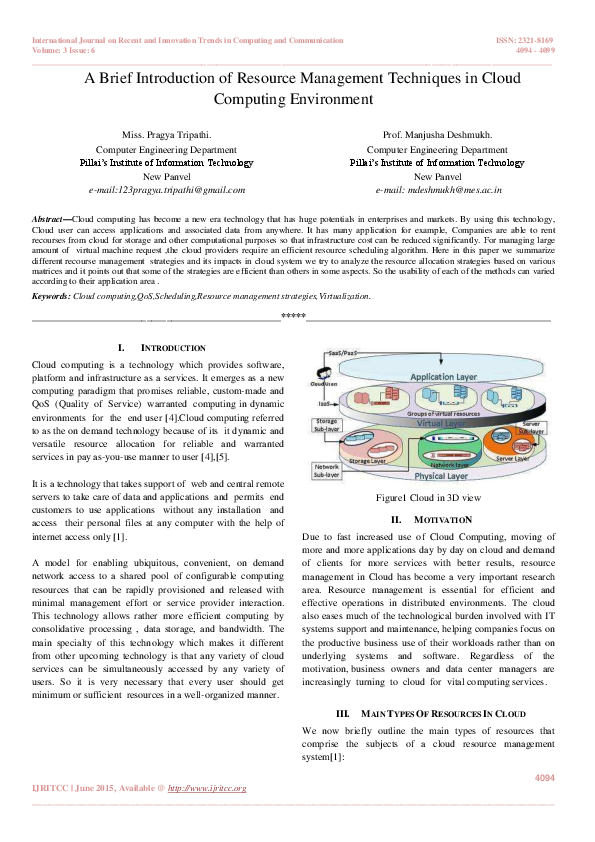 Pdf A Brief Introduction Of Resource Management Techniques In Cloud Computing Environment