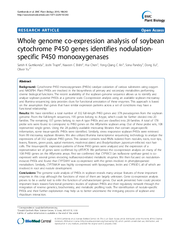 (PDF) Whole genome co-expression analysis of soybean cytochrome P450 genes identifies nodulation ...