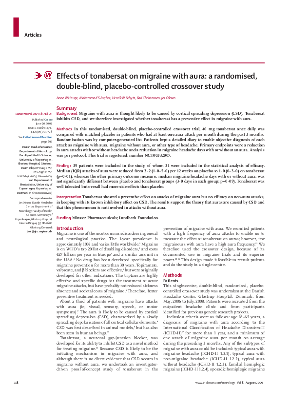 (PDF) Effects of tonabersat on migraine with aura: a randomised, double-blind, placebo ...
