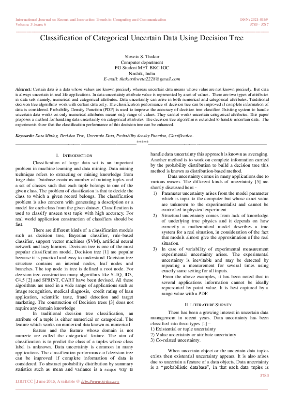 (PDF) Classification of Categorical Uncertain Data Using Decision Tree