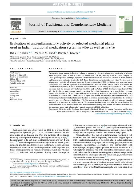 (PDF) Evaluation of anti-inflammatory activity of selected medicinal plants used in Indian ...