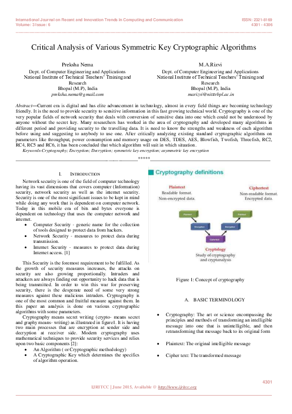 (PDF) Critical Analysis of Various Symmetric Key Cryptographic Algorithms