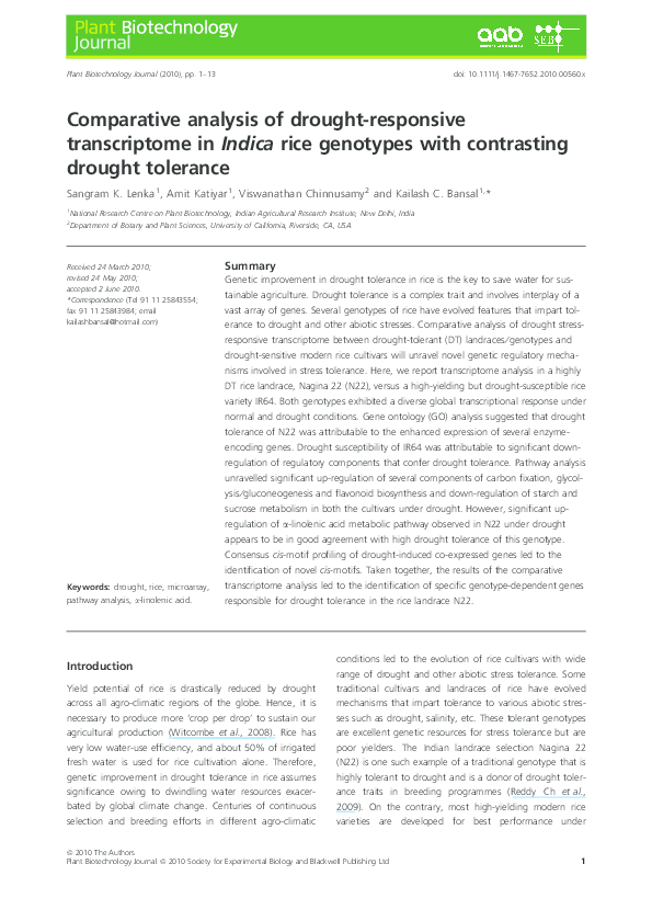 Pdf Comparative Analysis Of Drought Responsive Transcriptome In