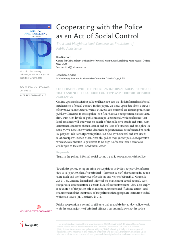 (PDF) Cooperating with the Police as an Act of Social Control: Trust ...