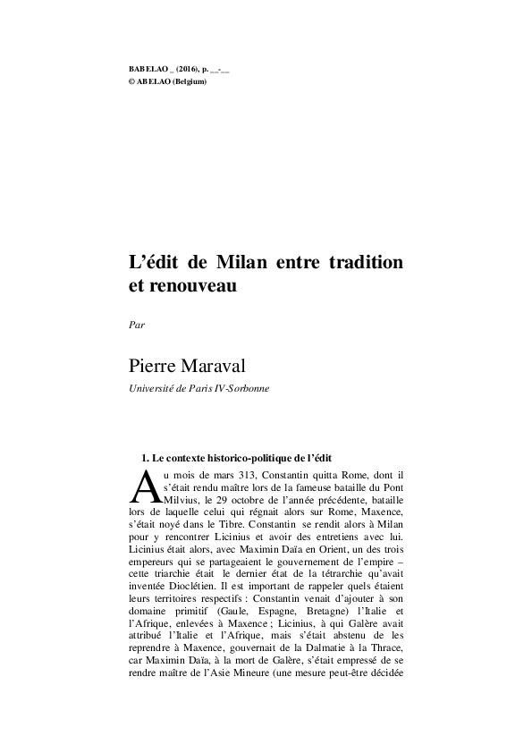 (PDF) L'édit de Milan entre tradition et renouveau