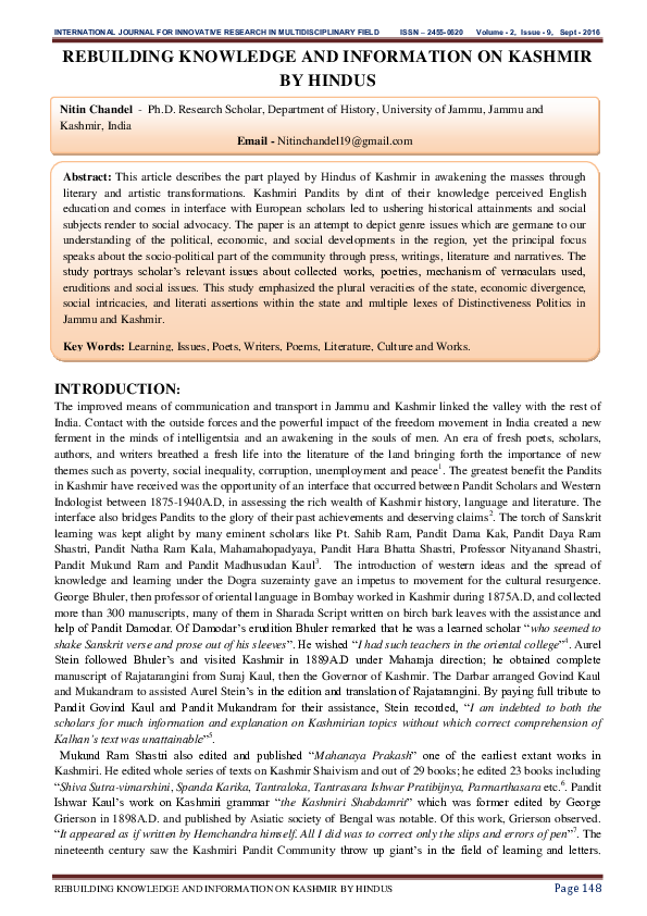 (PDF) REBUILDING KNOWLEDGE AND INFORMATION ON KASHMIR BY HINDUS - Nitin ...