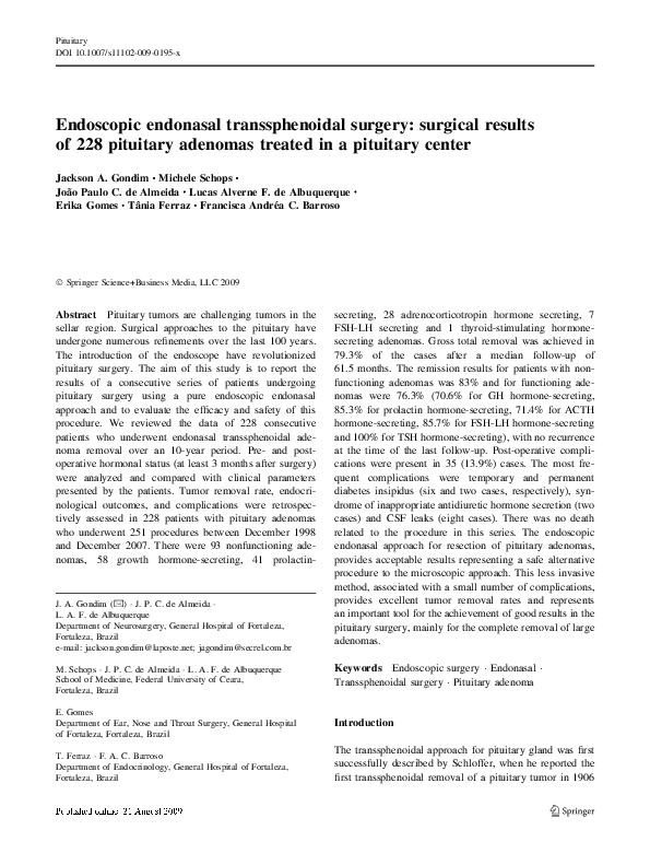 (PDF) Endoscopic endonasal transsphenoidal surgery: procedure, endoscopic equipment and ...