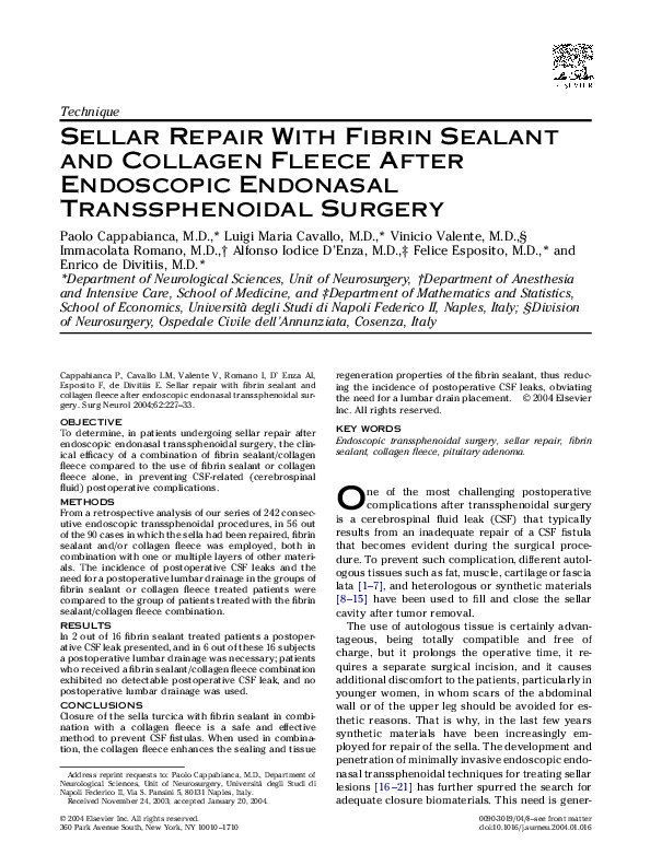 (PDF) Sellar repair with fibrin sealant and collagen fleece after ...