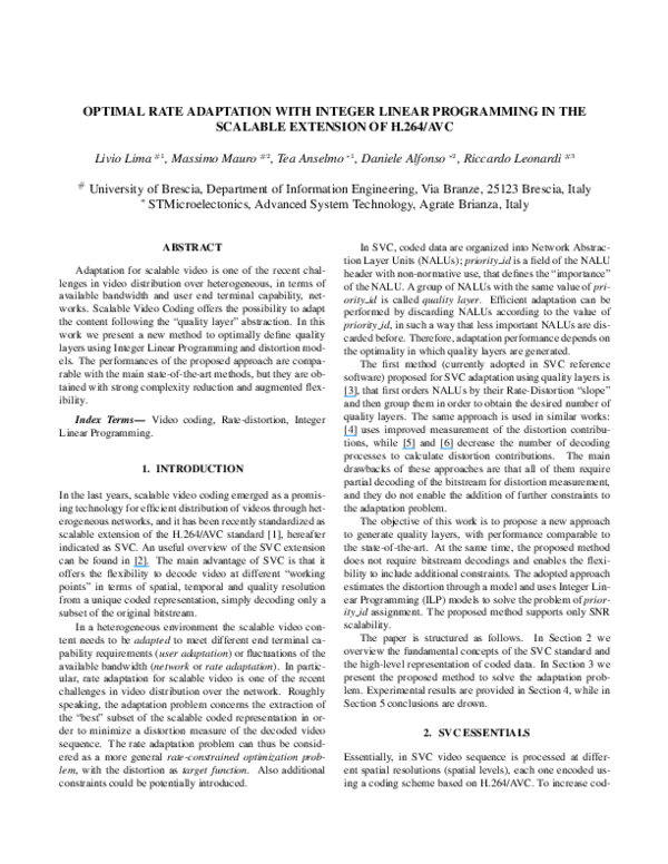 (PDF) Optimal rate adaptation with Integer Linear Programming in the scalable extension of H.264/AVC