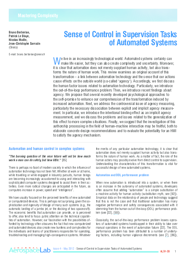 (PDF) Sense of Control in Supervision Tasks of Automated Systems